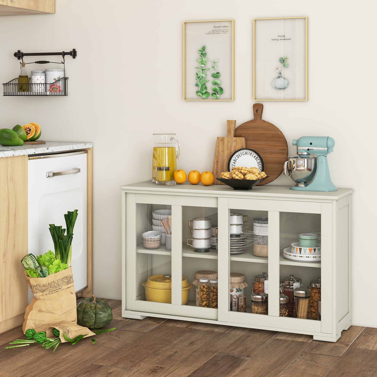 COSTWAY Buffet Sideboard with Storage, 2-Door Floor Cupboard with Sliding Tempered Glass Cabinet & Adjustable Shelf, Stackable Storage Cabinet for Kitchen, Entryway (Cream White)