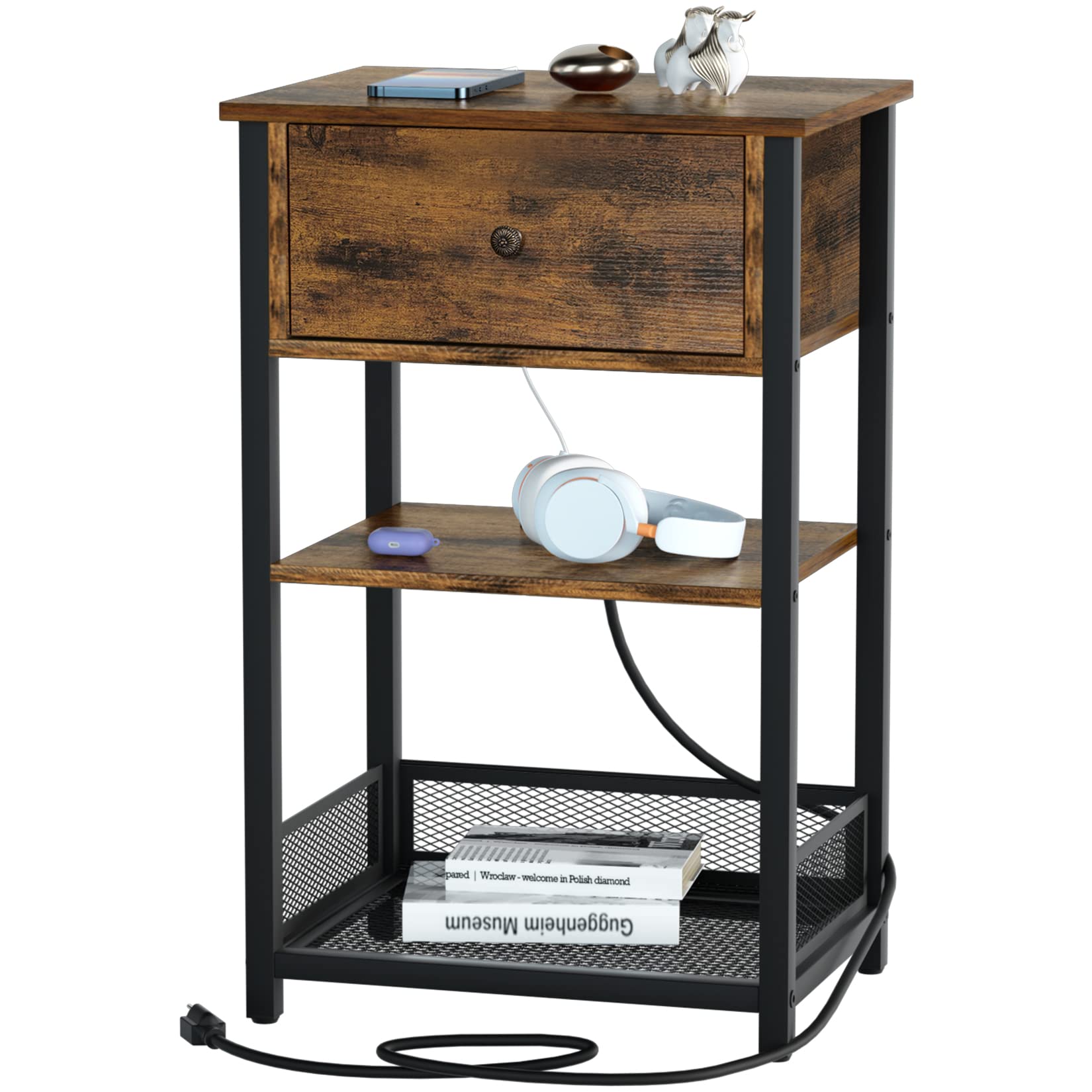 YAKANJ Modern Nightstand with Charging Station and Drawer,3-Tier Side Table End Table for Living Room,Bedroom,Narrow Sofa Table Bedside Table with Storage Shelf for Small Spaces-Brown