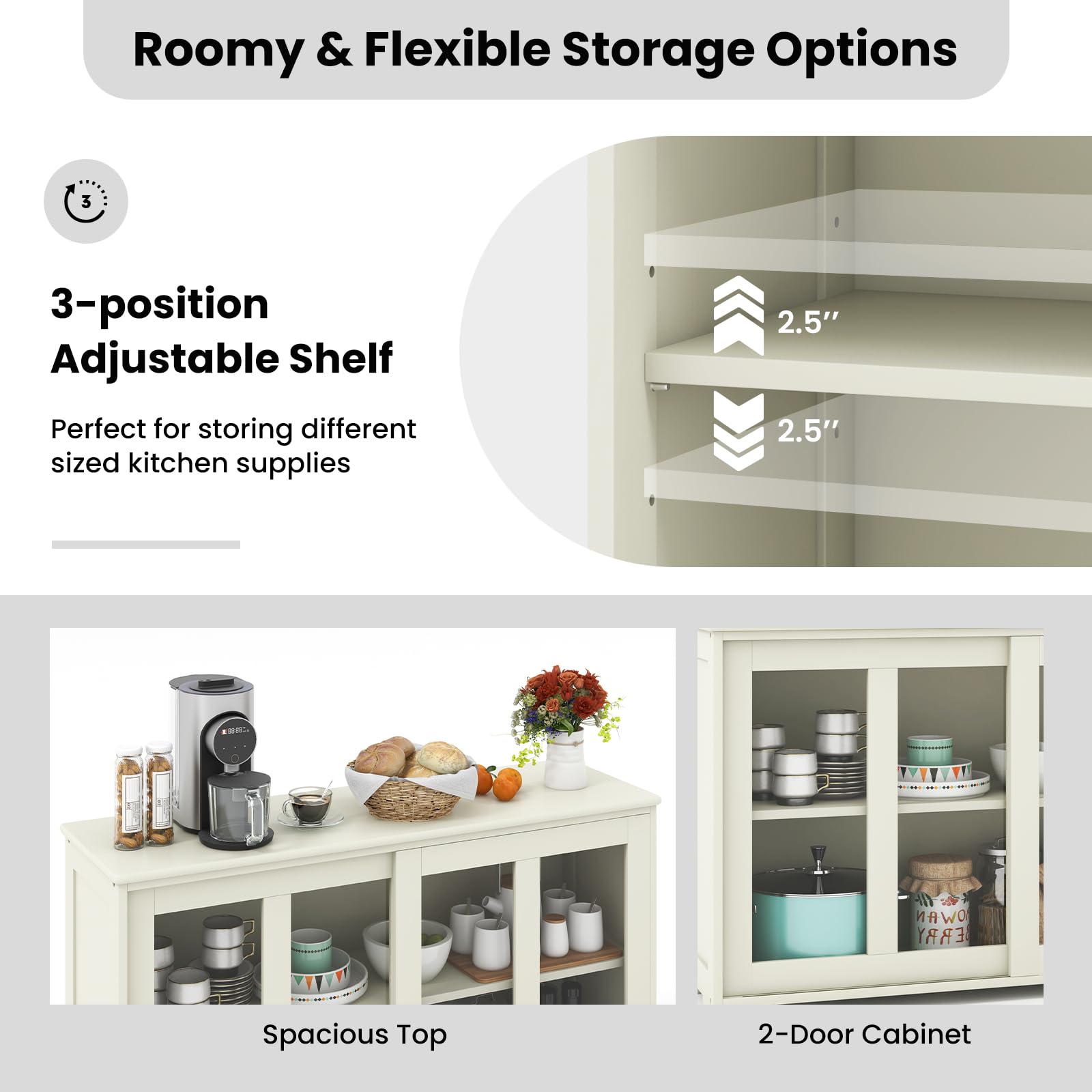 COSTWAY Buffet Sideboard with Storage, 2-Door Floor Cupboard with Sliding Tempered Glass Cabinet & Adjustable Shelf, Stackable Storage Cabinet for Kitchen, Entryway (Cream White)