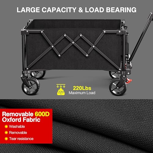 Ribitek Collapsible Folding Wagon,Heavy Duty Foldable Utility Garden Cart with Big All-Terrain Beach Wheels, Cup Holders & Side Pockets,for Camping, Garden, Sports, Shopping, Black