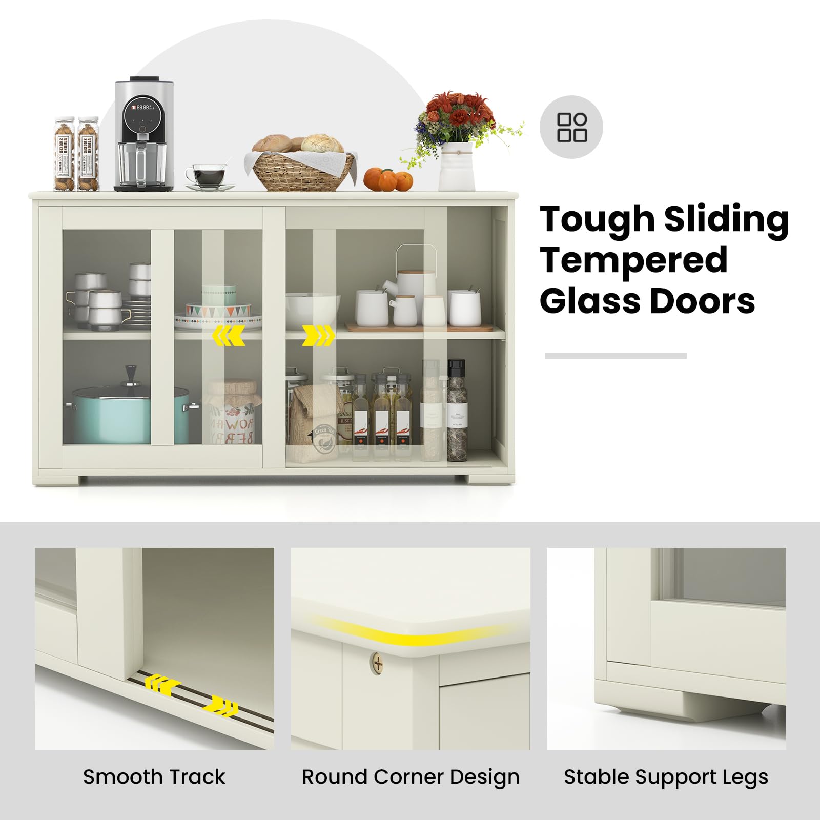 COSTWAY Buffet Sideboard with Storage, 2-Door Floor Cupboard with Sliding Tempered Glass Cabinet & Adjustable Shelf, Stackable Storage Cabinet for Kitchen, Entryway (Cream White)