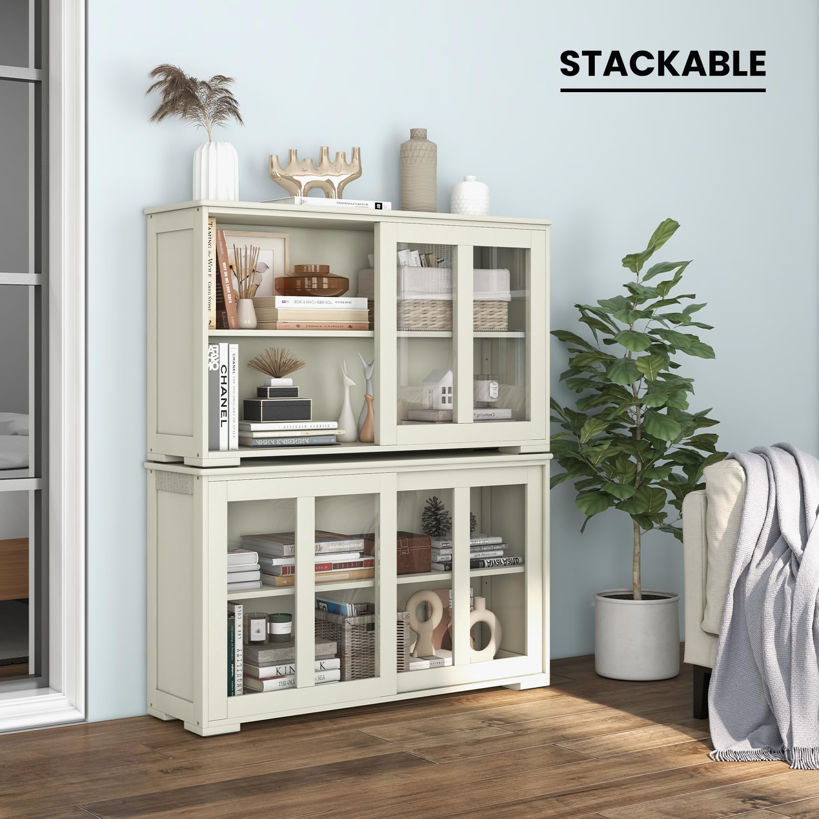COSTWAY Buffet Sideboard with Storage, 2-Door Floor Cupboard with Sliding Tempered Glass Cabinet & Adjustable Shelf, Stackable Storage Cabinet for Kitchen, Entryway (Cream White)