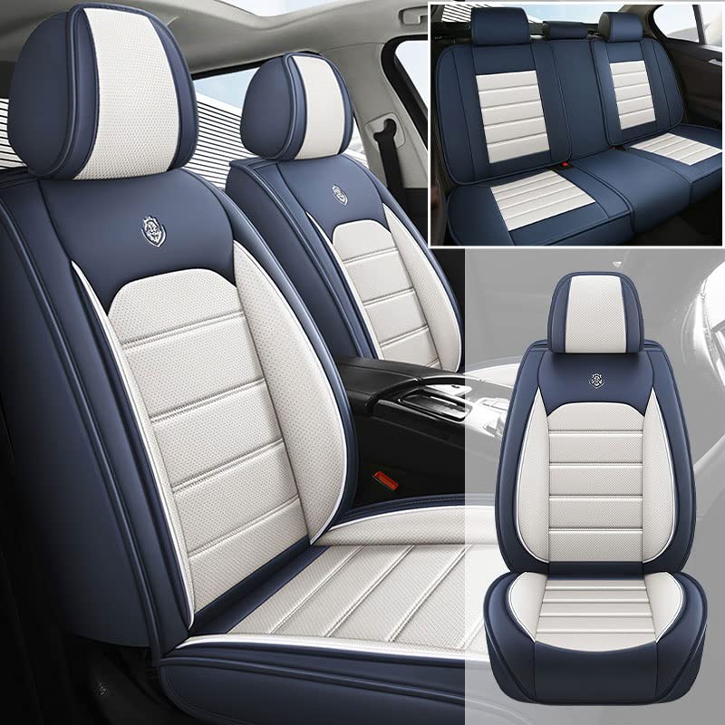 JOJ Car Seat Covers,5 Seat Car Seat Cover,No-Slip Waterproof Breathable Faux Leather Automotive Seat Covers Auto Interior Covers,Full Set,Cream Blue