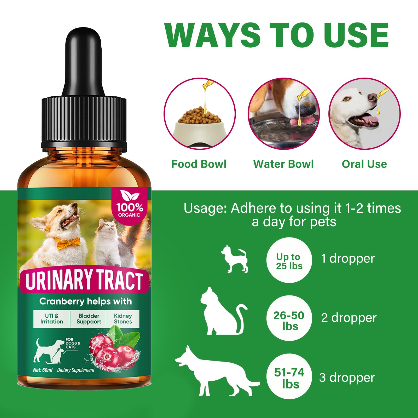 Cat & Dog UTI Treatment - Urinary Tract Support for Pets,Cranberry Kidney and Bladder Supplements, Pet Renal Health Care, Prevention and Treatment
