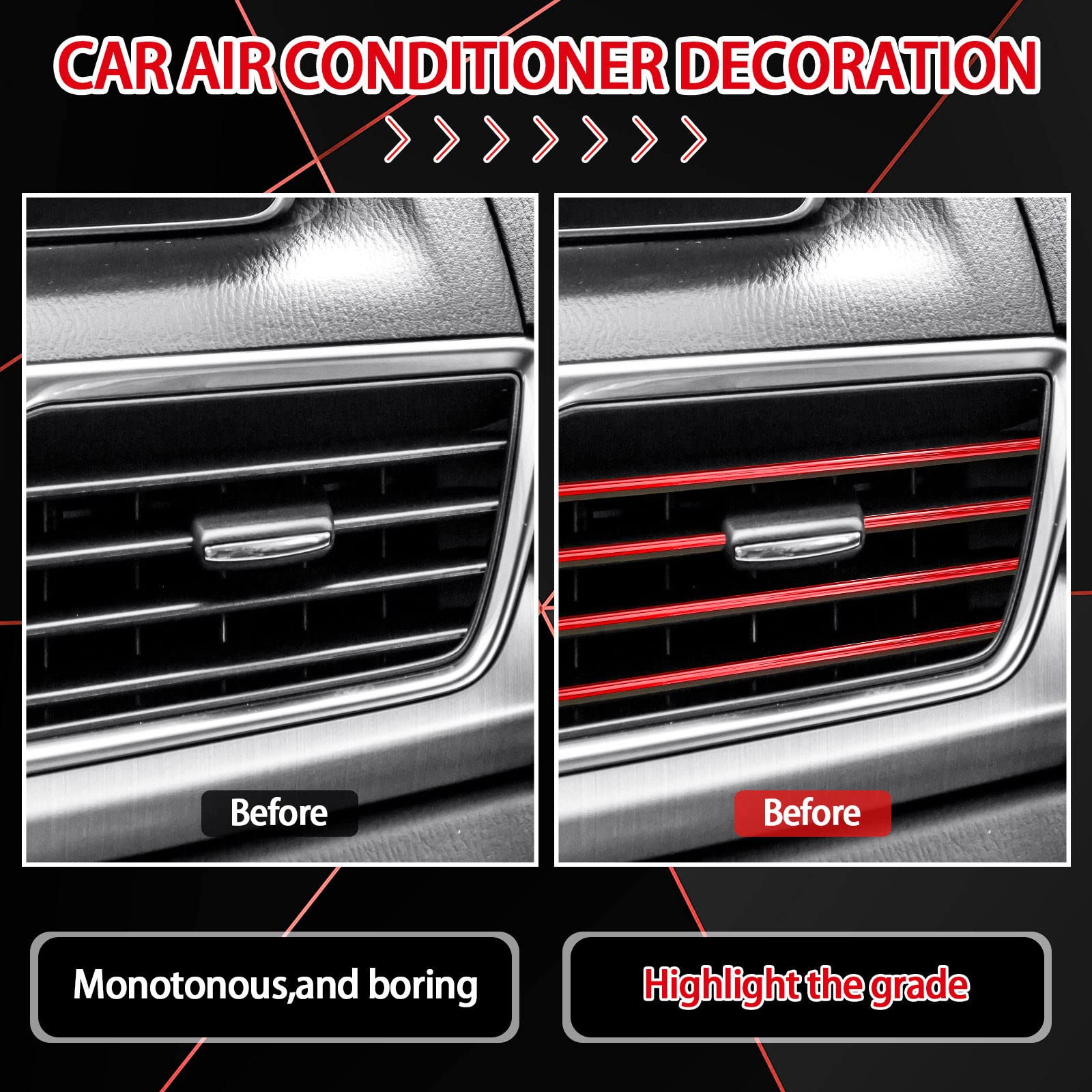 Riakrum 30 Pcs Car Accessories Set Red and Black PU Leather Steering Wheel Cover Auto Interior Accessories Gift Car Vent Trim Strips Air Conditioner Insert Strips with Installation Tool