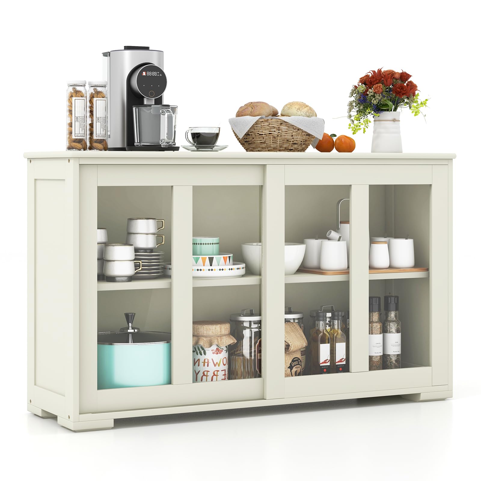 COSTWAY Buffet Sideboard with Storage, 2-Door Floor Cupboard with Sliding Tempered Glass Cabinet & Adjustable Shelf, Stackable Storage Cabinet for Kitchen, Entryway (Cream White)