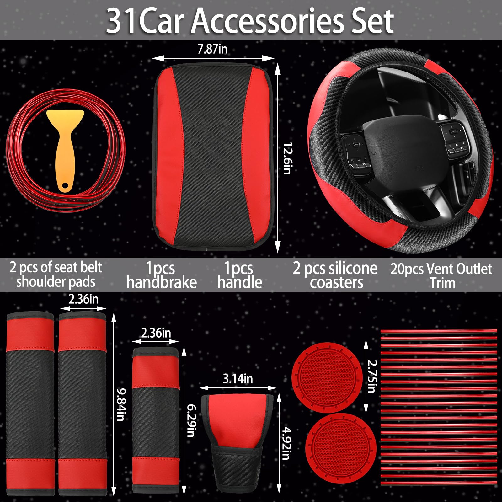 Riakrum 30 Pcs Car Accessories Set Red and Black PU Leather Steering Wheel Cover Auto Interior Accessories Gift Car Vent Trim Strips Air Conditioner Insert Strips with Installation Tool