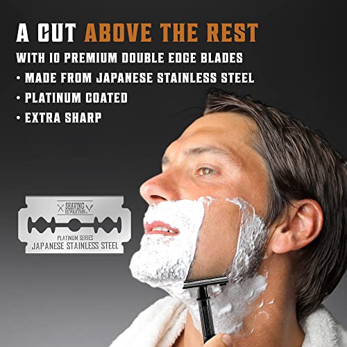 Long Handle Double Edge Safety Razor - Butterfly Open Razor with 10 Japanese Stainless Steel Double Edge Blades and Black Safety Razor Stand