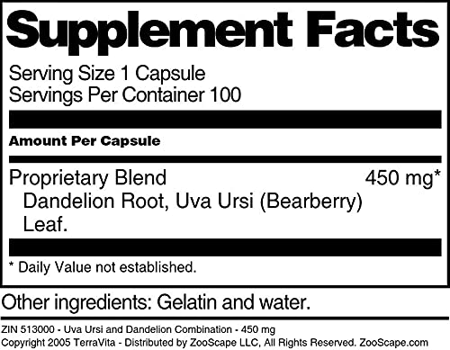 Uva Ursi and Dandelion Combination - 450 mg (100 Capsules, ZIN: 513000)