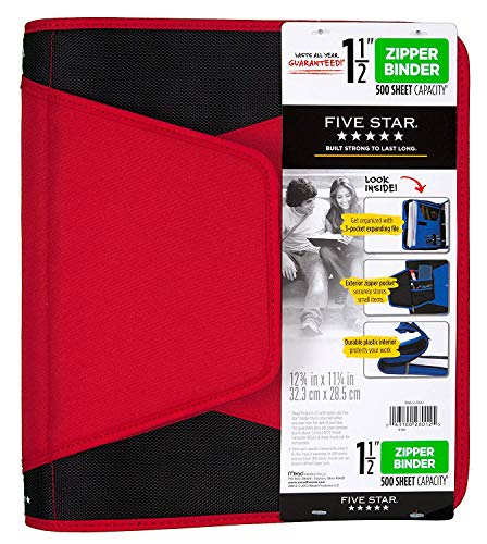 Five Star 1-1/2 Inch Zipper Binder, 3 Ring Binder, 3-Pocket Expanding File, Durable, Color Selected For You (28012)