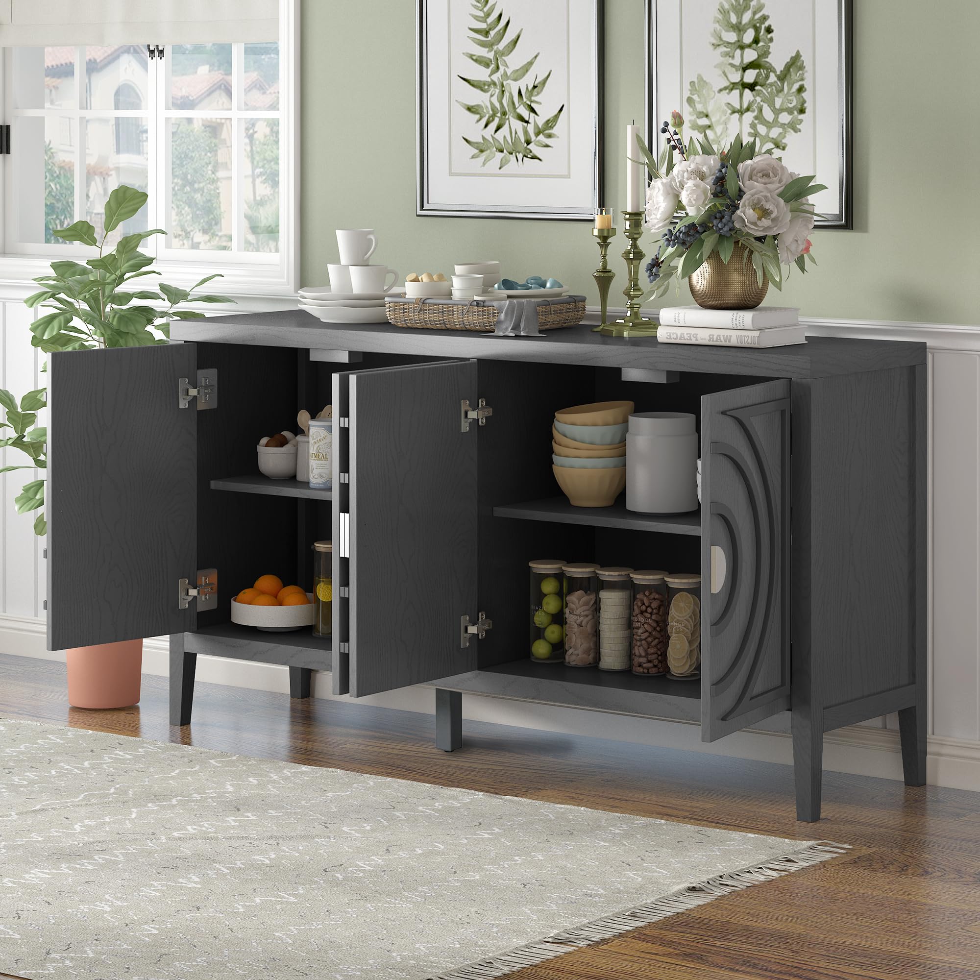 P PURLOVE Retro Accent Sideboard Cabinet with 4 Doors, Freestanding Storage Console Table with Circular Groove Design and Metal Door Handle, Wooden Sideboarddoor for Dining, Hallway (Gray)