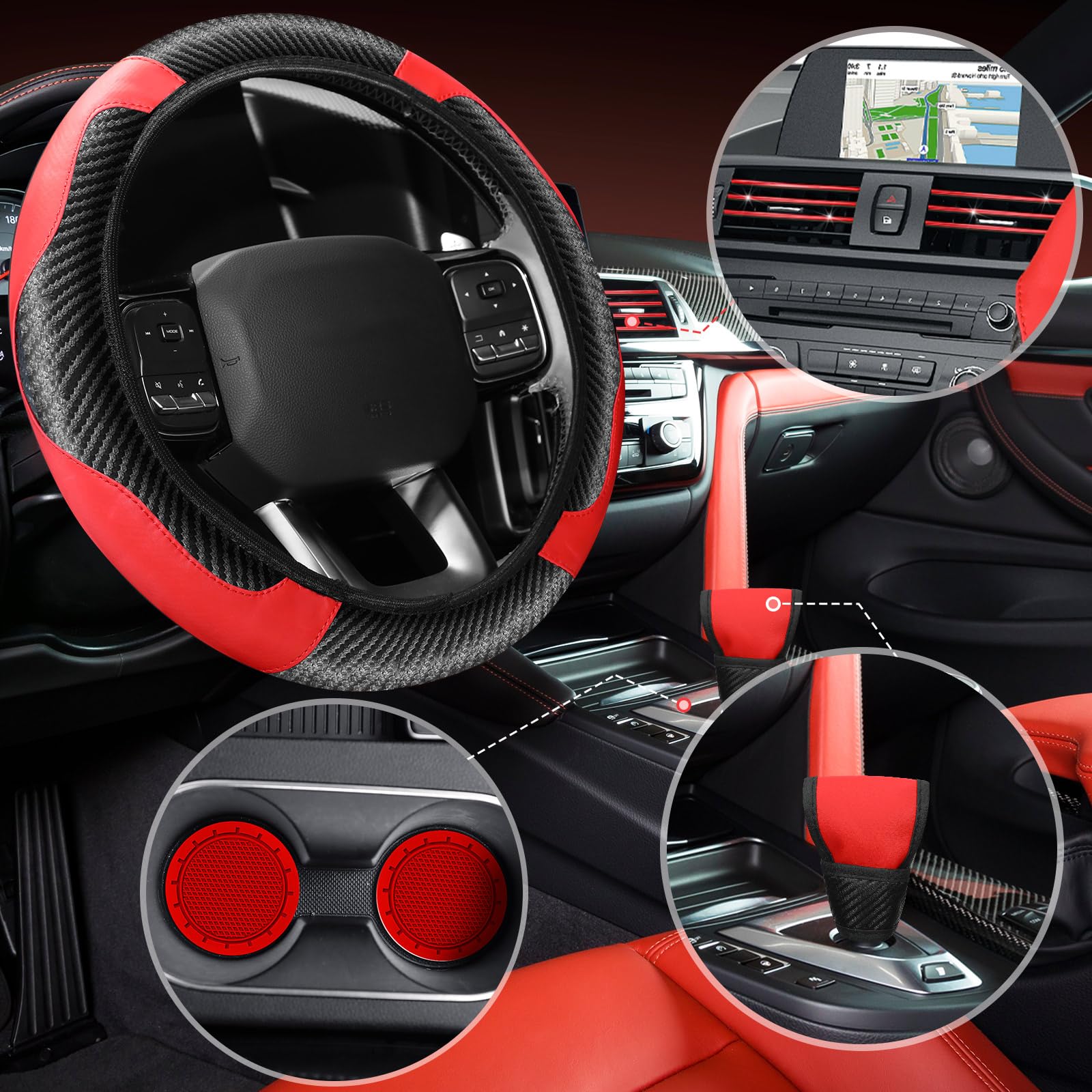 Riakrum 30 Pcs Car Accessories Set Red and Black PU Leather Steering Wheel Cover Auto Interior Accessories Gift Car Vent Trim Strips Air Conditioner Insert Strips with Installation Tool