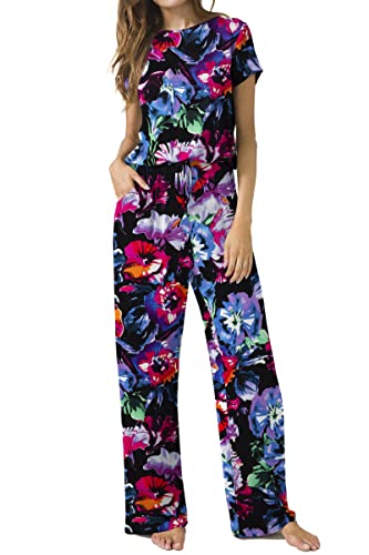 LAINAB Womens Casual Floral Short Sleeve Drawstring Waist Jumpsuits Slateblue M