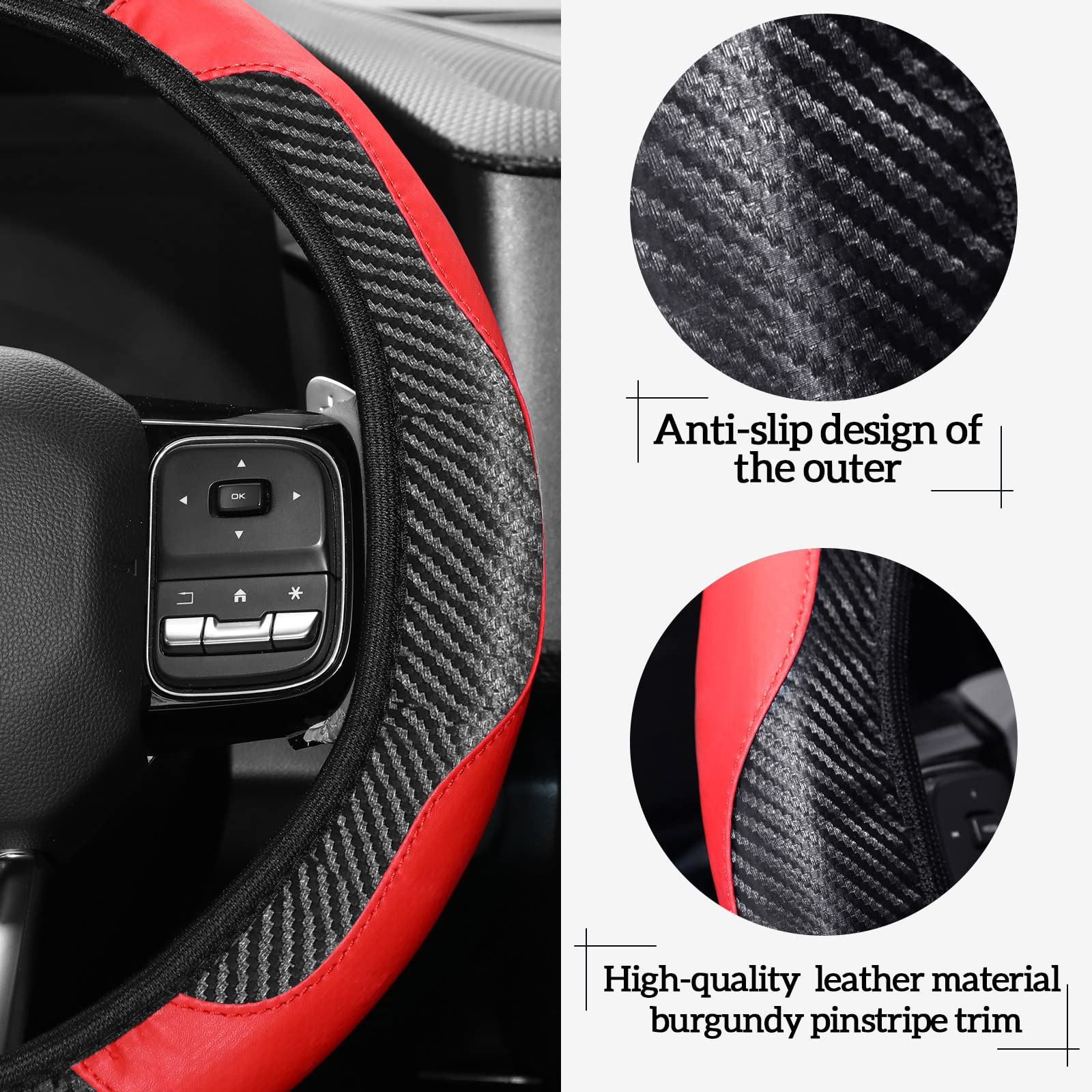 Riakrum 30 Pcs Car Accessories Set Red and Black PU Leather Steering Wheel Cover Auto Interior Accessories Gift Car Vent Trim Strips Air Conditioner Insert Strips with Installation Tool