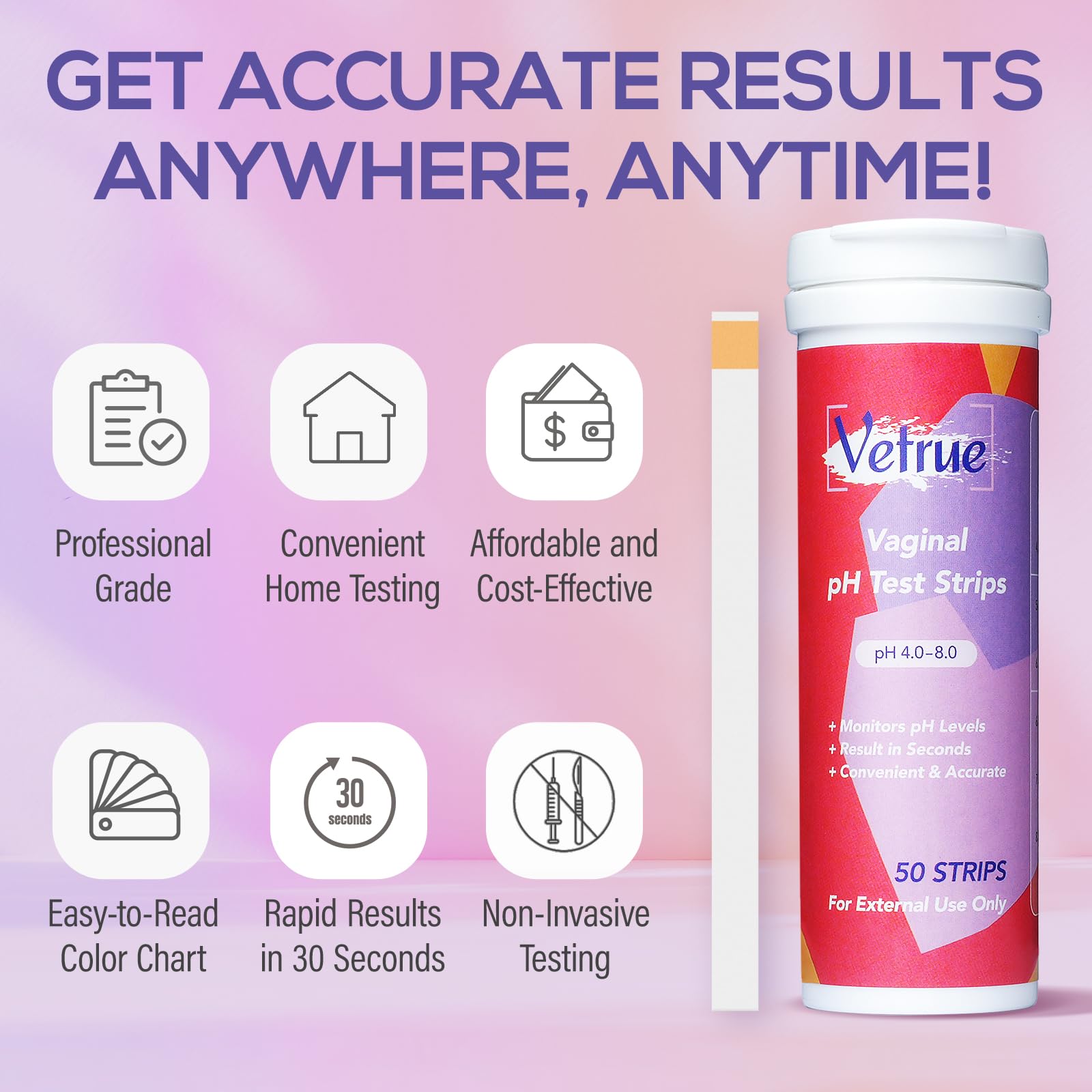 Vaginal pH Test Strips for Women, Convenient Testing Solution for Assessing and Maintaining Optimum Feminine Acidity and Alkalinity Balance, Quick Results & Easy-to-Use Home Monitoring (50pcs)