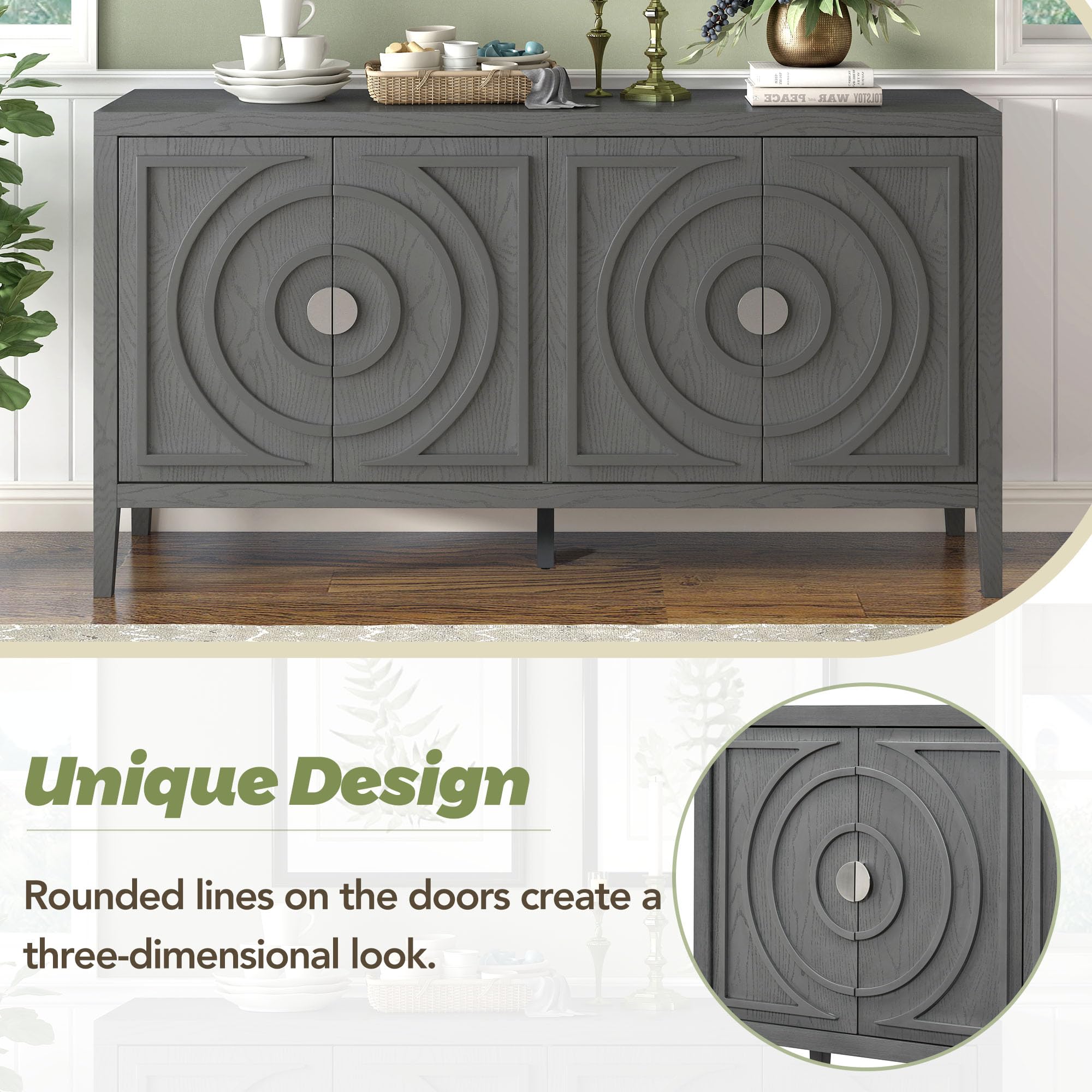 P PURLOVE Retro Accent Sideboard Cabinet with 4 Doors, Freestanding Storage Console Table with Circular Groove Design and Metal Door Handle, Wooden Sideboarddoor for Dining, Hallway (Gray)