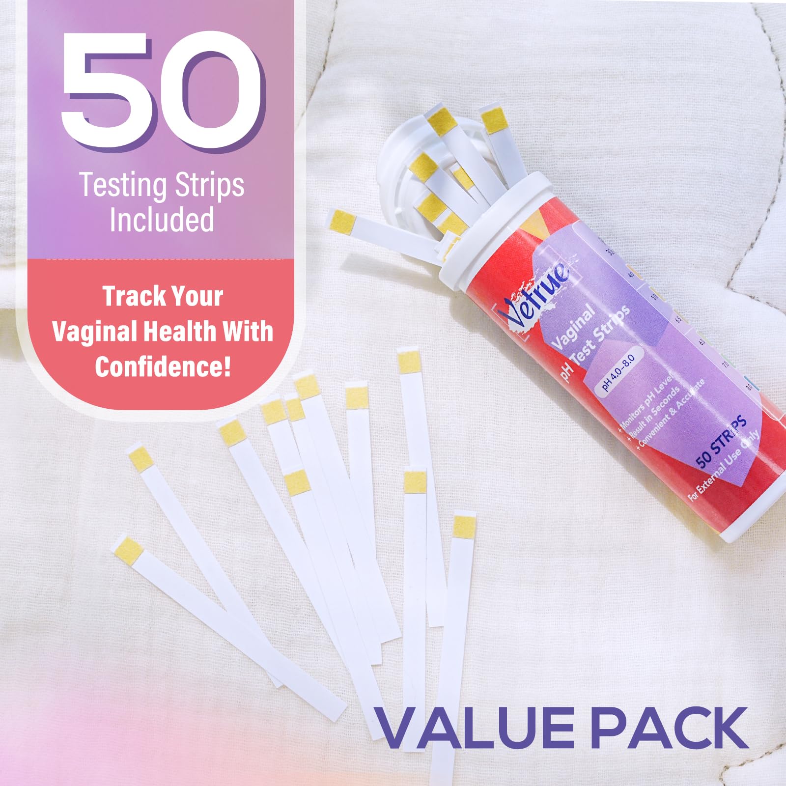 Vaginal pH Test Strips for Women, Convenient Testing Solution for Assessing and Maintaining Optimum Feminine Acidity and Alkalinity Balance, Quick Results & Easy-to-Use Home Monitoring (50pcs)