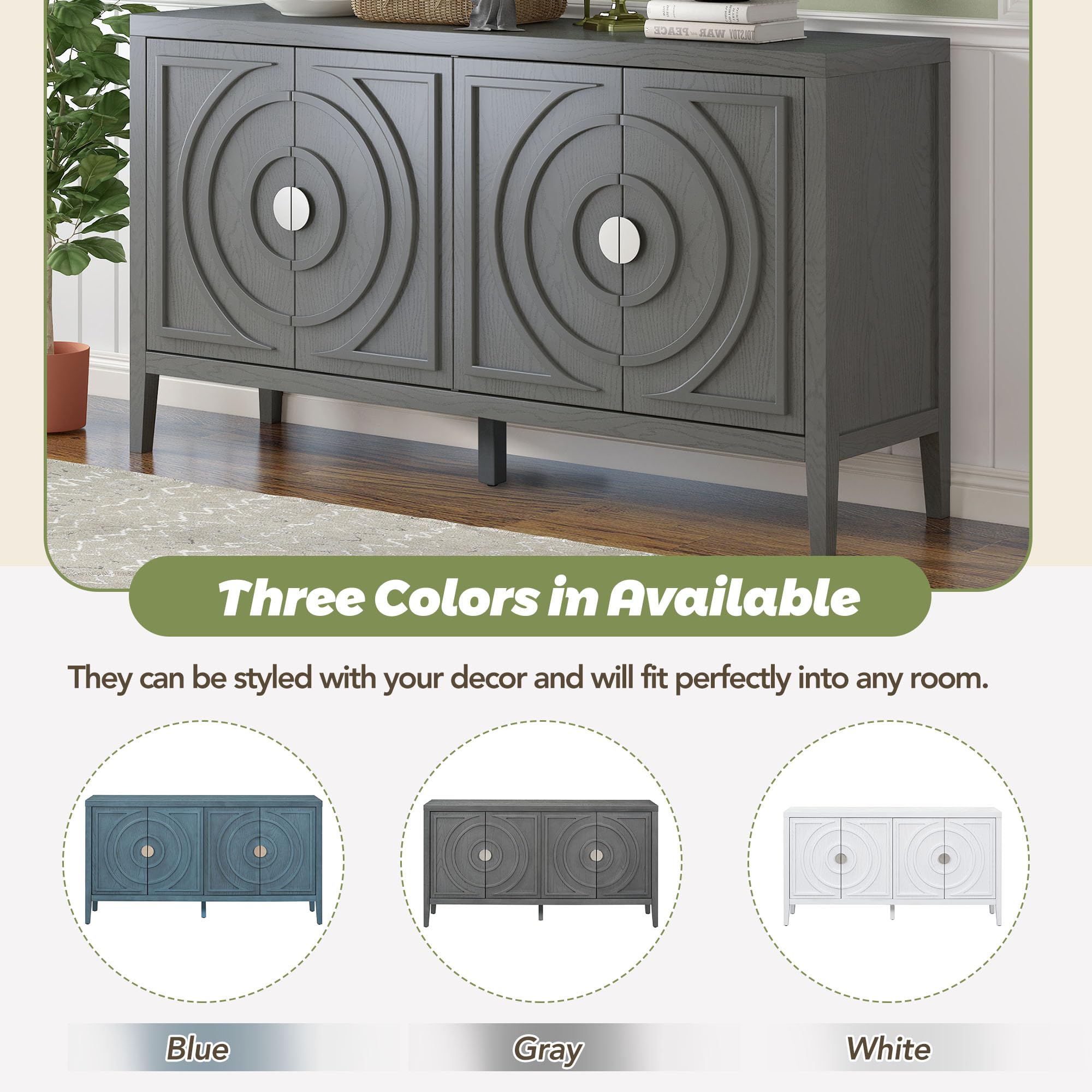 P PURLOVE Retro Accent Sideboard Cabinet with 4 Doors, Freestanding Storage Console Table with Circular Groove Design and Metal Door Handle, Wooden Sideboarddoor for Dining, Hallway (Gray)