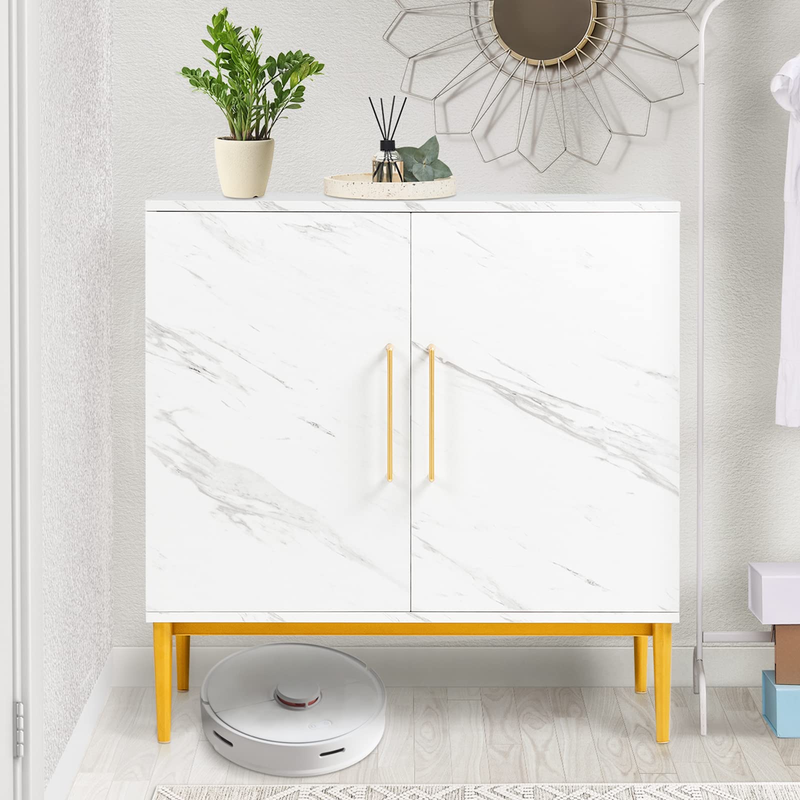 REHOOPEX Accent Cabinet with Door, Storage Buffet Cabinet White Marble, Modern Sideboard, Free Standing Cabinet, Wooden Side Storage Cabinets for Bedroom, Hallway, Entryway or Living Room, Home