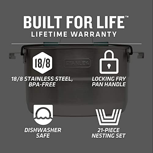 Stanley Base Camp Cook Set for 4 | 21 Pcs Nesting Cookware Made from Stainless Steel & BPA Free Material | Incl Pot, lid, Cutting Board, Spatula, Plates, Spoons, Forks, Bowls, Dish Rack, Trivet