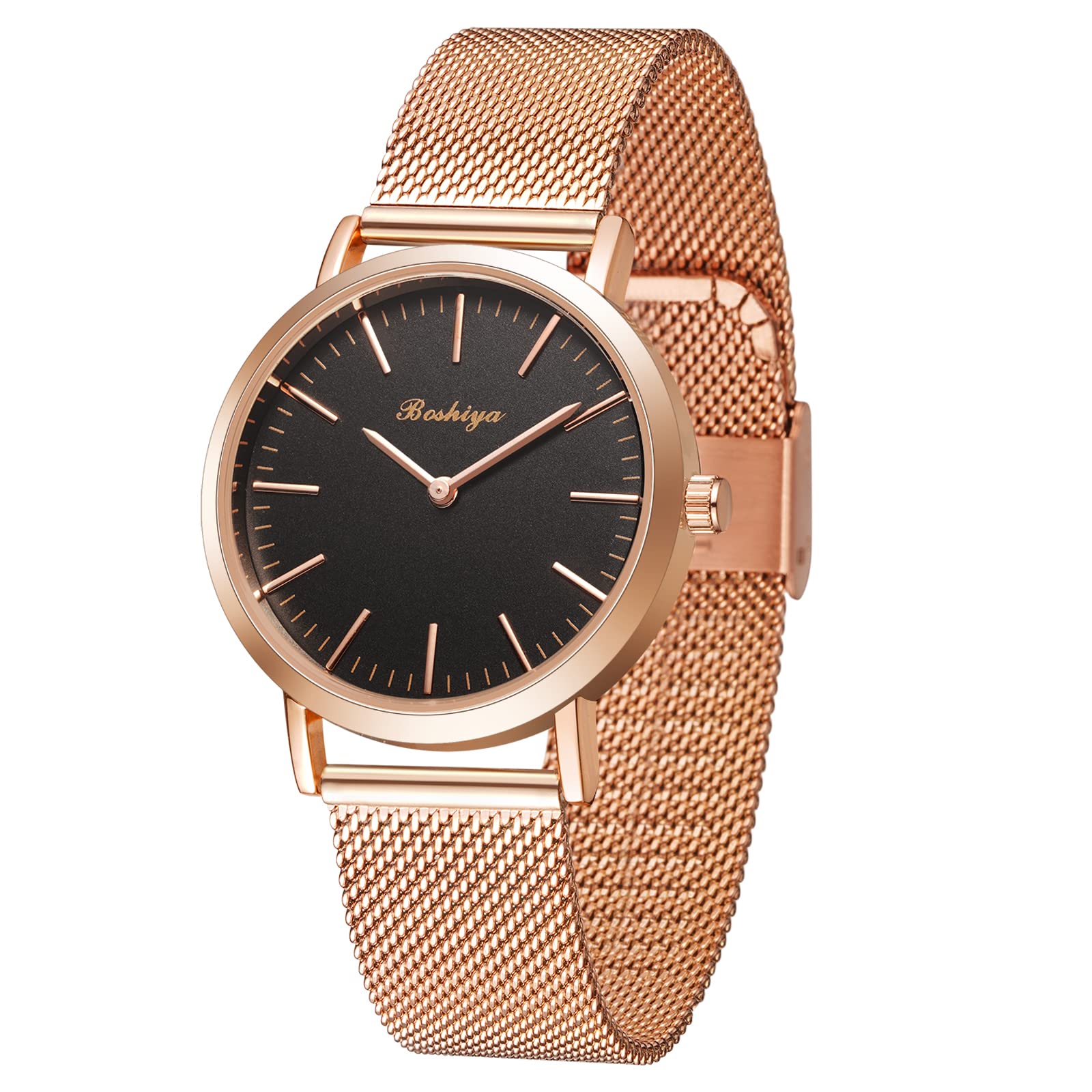 BOSHIYA Womens Stainless Steel Band WatchďźRose Gold Mesh Strap Elegant Dress Designer,Mesh Bracelet Ladies Wrist Watches Waterproof with Roman Timescale Dial