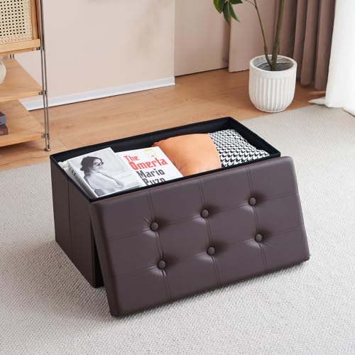 Guangshuohui Storage Ottoman Bench, Faux Leather Footrest Ottoman, Storage Bench Suit for Bedroom,Living Room and Hallway (Dark Brown, Glossy Pull Point)