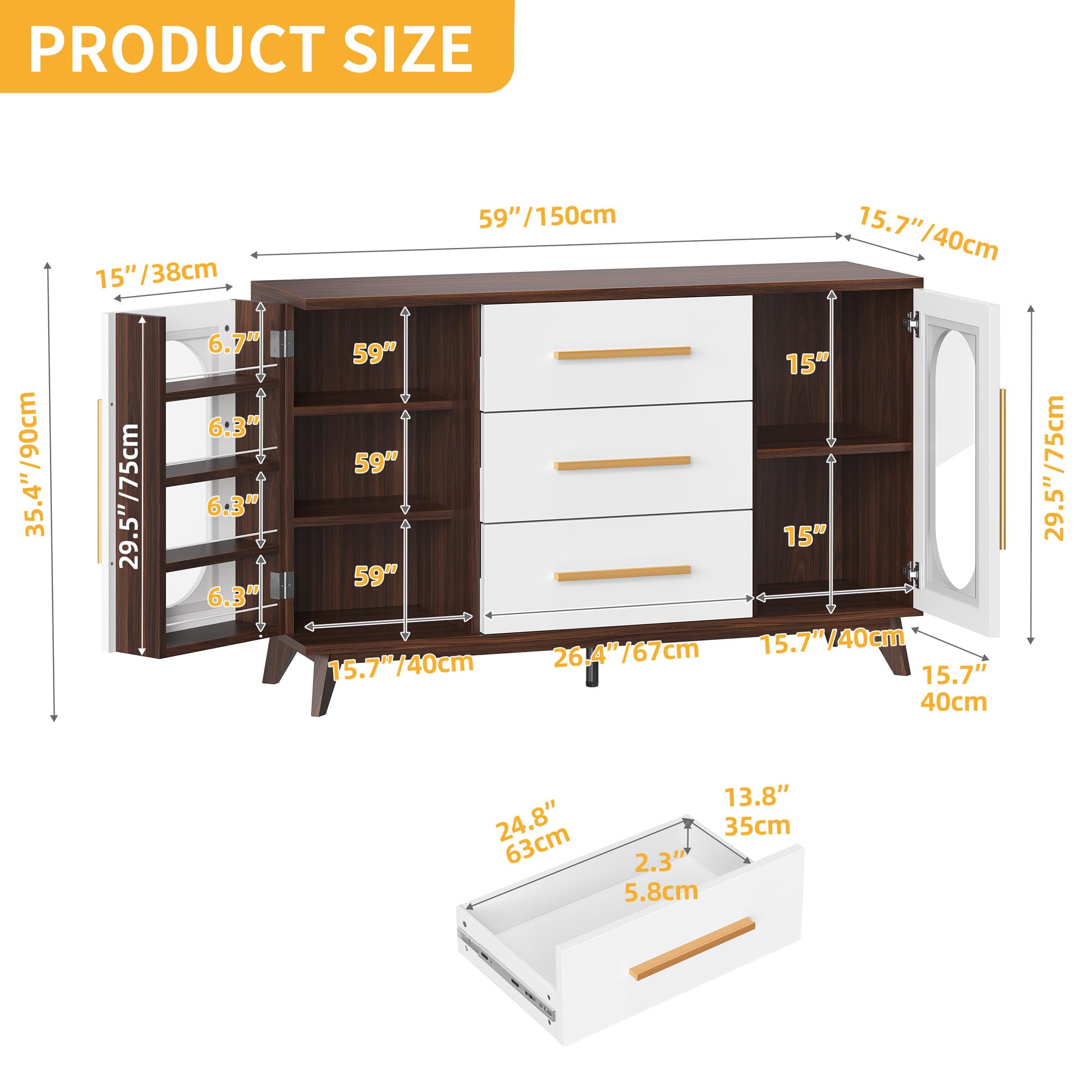 DWVO Storage Cabinet, 59'' Sideboard Buffet Cabinet with Storage, Coffee Bar Cabinet with 3 Drawers, 2 Glass Doors, Capacity 300 lbs, Credenza for Kitchen, Living Room, White Brown