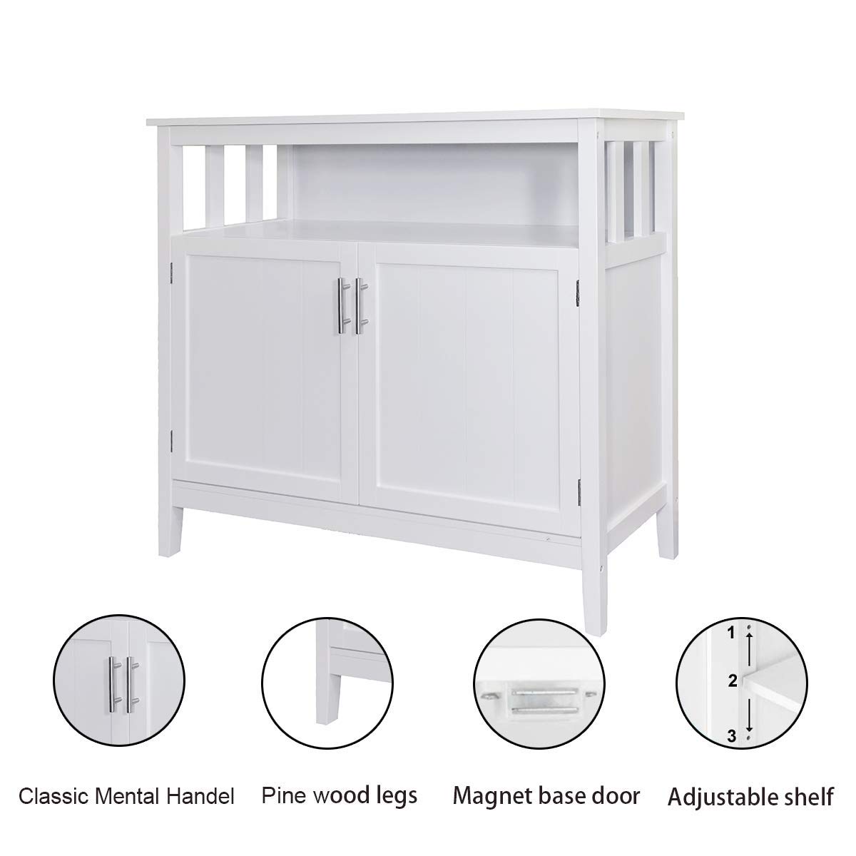RASOO Buffet Cabinet White Kitchen Sideboard Buffet Storage Server Cupboard Cabinet Console Table with 2 Doors and Adjustable Shelf
