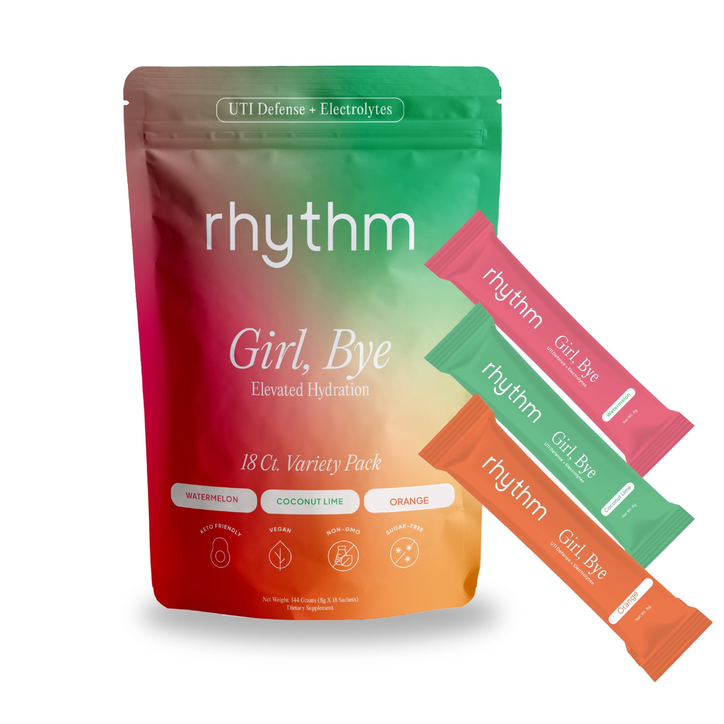 rhythm Girl, Bye Fast-Acting 18 ct. Tropical-Flavored Keto UTI Relief & Defense + Rapid Hydration Urinary Tract Health Drink Mix | pH Balancing | Workout & Intimacy | Essential Intermittent Fasting