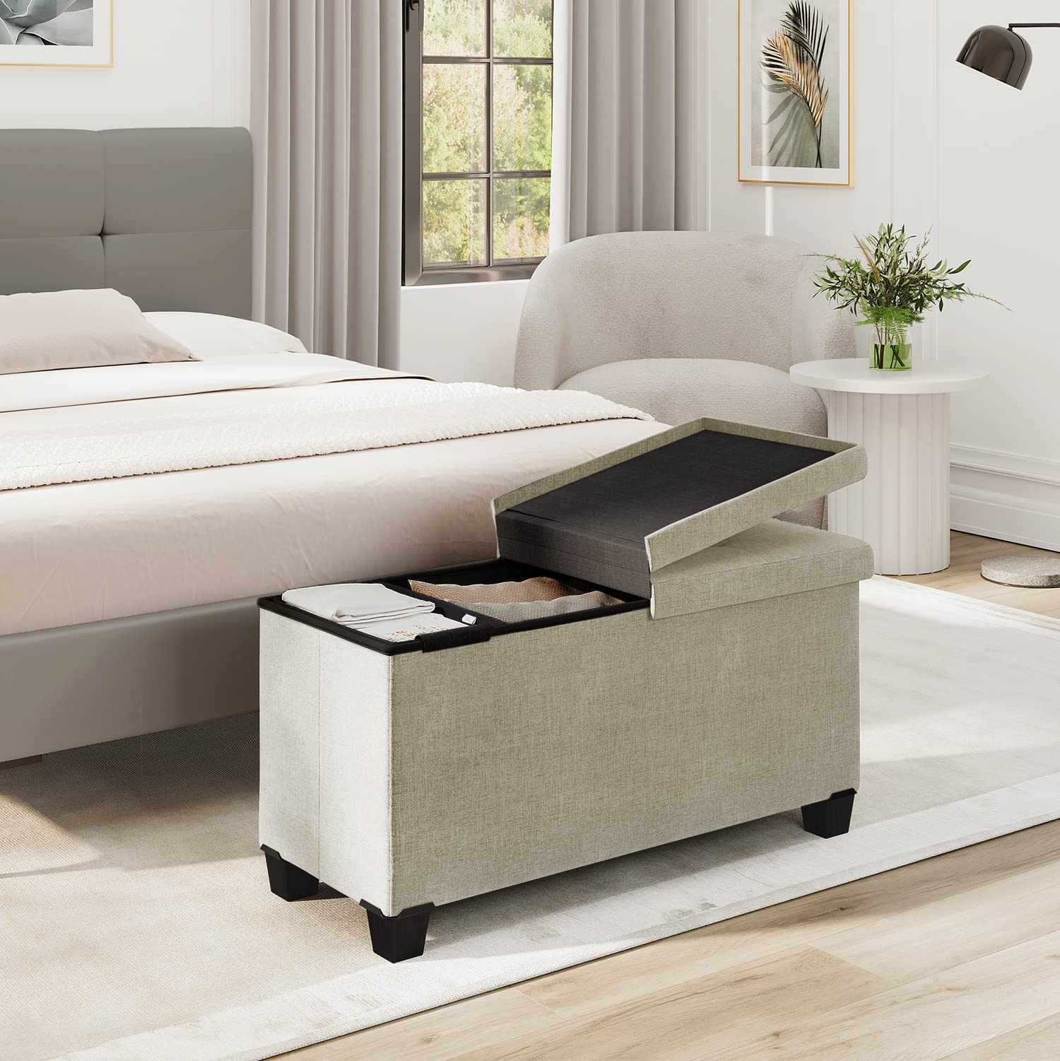 Storage Ottoman Bench with Storage Bins, 30-In Storage Bench for Bedroom End of Bed, Folding Foot Rest Ottoman with Storage for Living Room, Storage Chest Max 660lbs, Linen Fabric Beige Ottoman