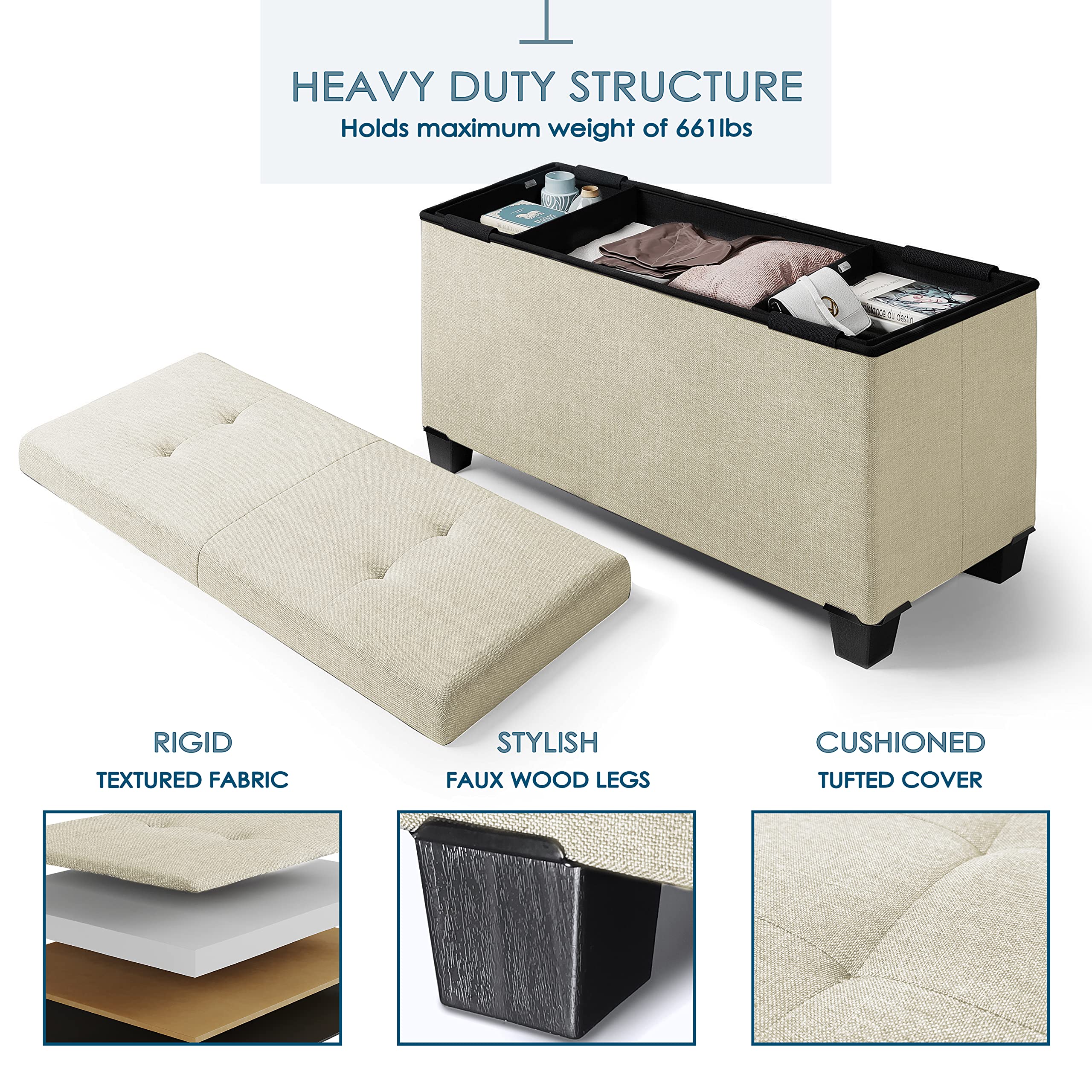 Storage Ottoman Bench with Storage Bins, 30-In Storage Bench for Bedroom End of Bed, Folding Foot Rest Ottoman with Storage for Living Room, Storage Chest Max 660lbs, Linen Fabric Beige Ottoman