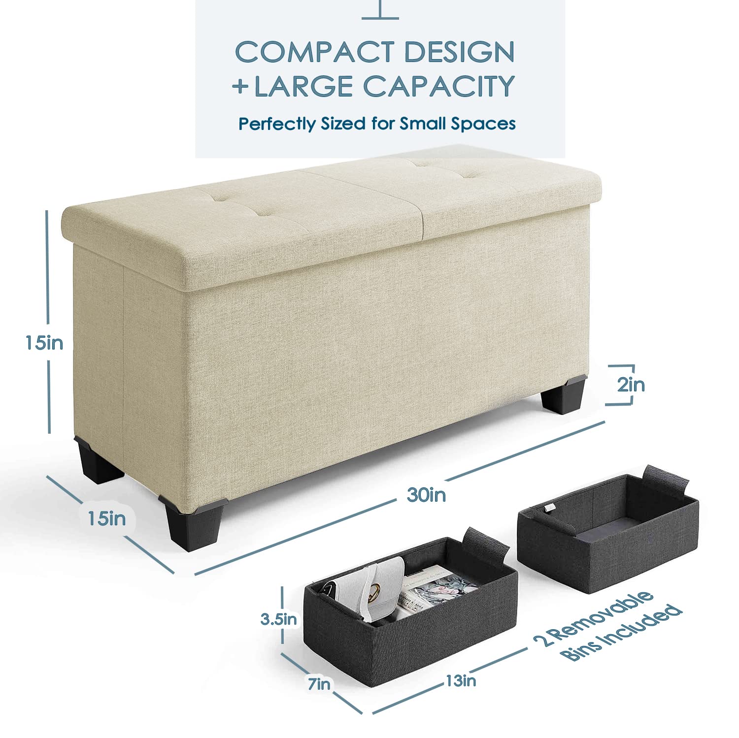 Storage Ottoman Bench with Storage Bins, 30-In Storage Bench for Bedroom End of Bed, Folding Foot Rest Ottoman with Storage for Living Room, Storage Chest Max 660lbs, Linen Fabric Beige Ottoman