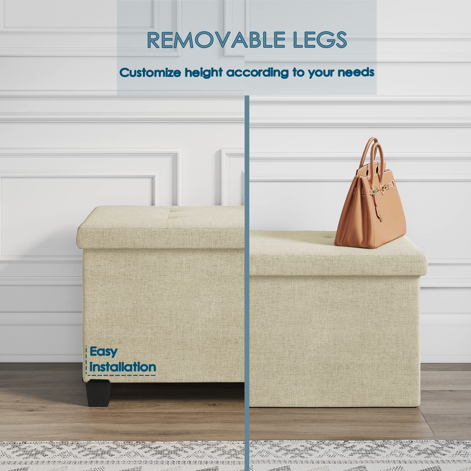 Storage Ottoman Bench with Storage Bins, 30-In Storage Bench for Bedroom End of Bed, Folding Foot Rest Ottoman with Storage for Living Room, Storage Chest Max 660lbs, Linen Fabric Beige Ottoman