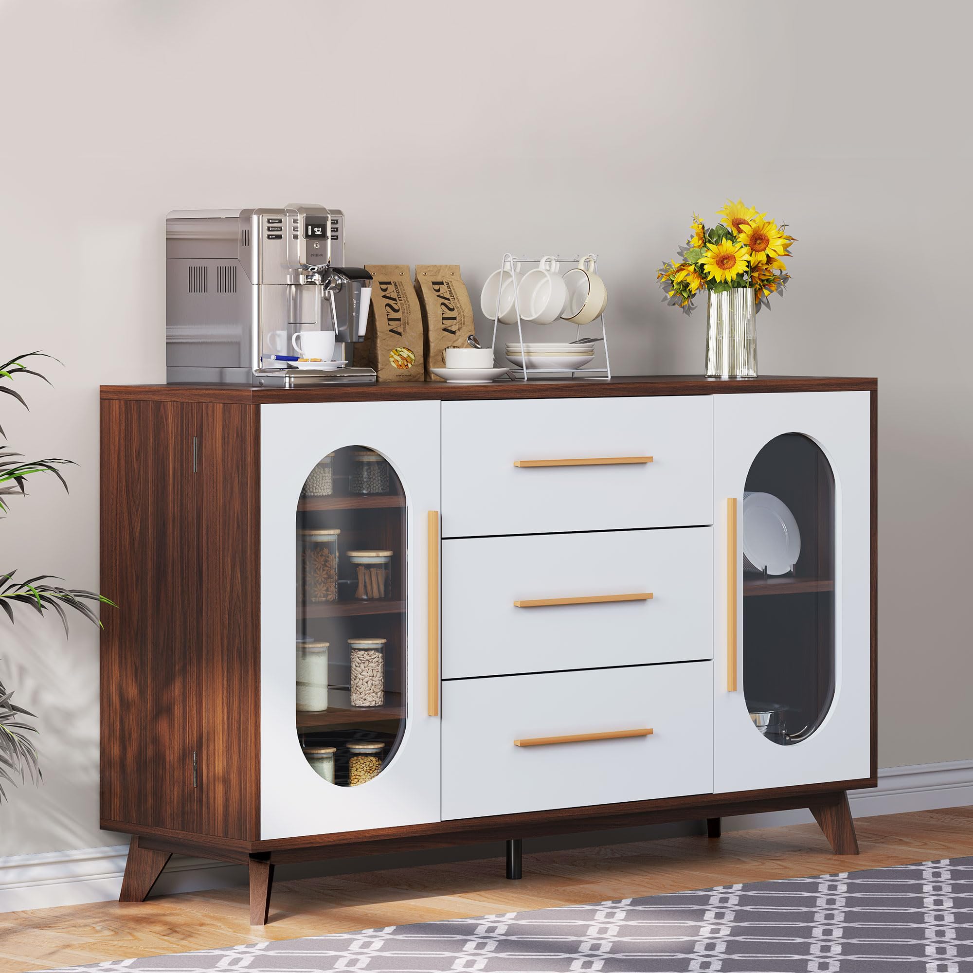 DWVO Storage Cabinet, 59'' Sideboard Buffet Cabinet with Storage, Coffee Bar Cabinet with 3 Drawers, 2 Glass Doors, Capacity 300 lbs, Credenza for Kitchen, Living Room, White Brown