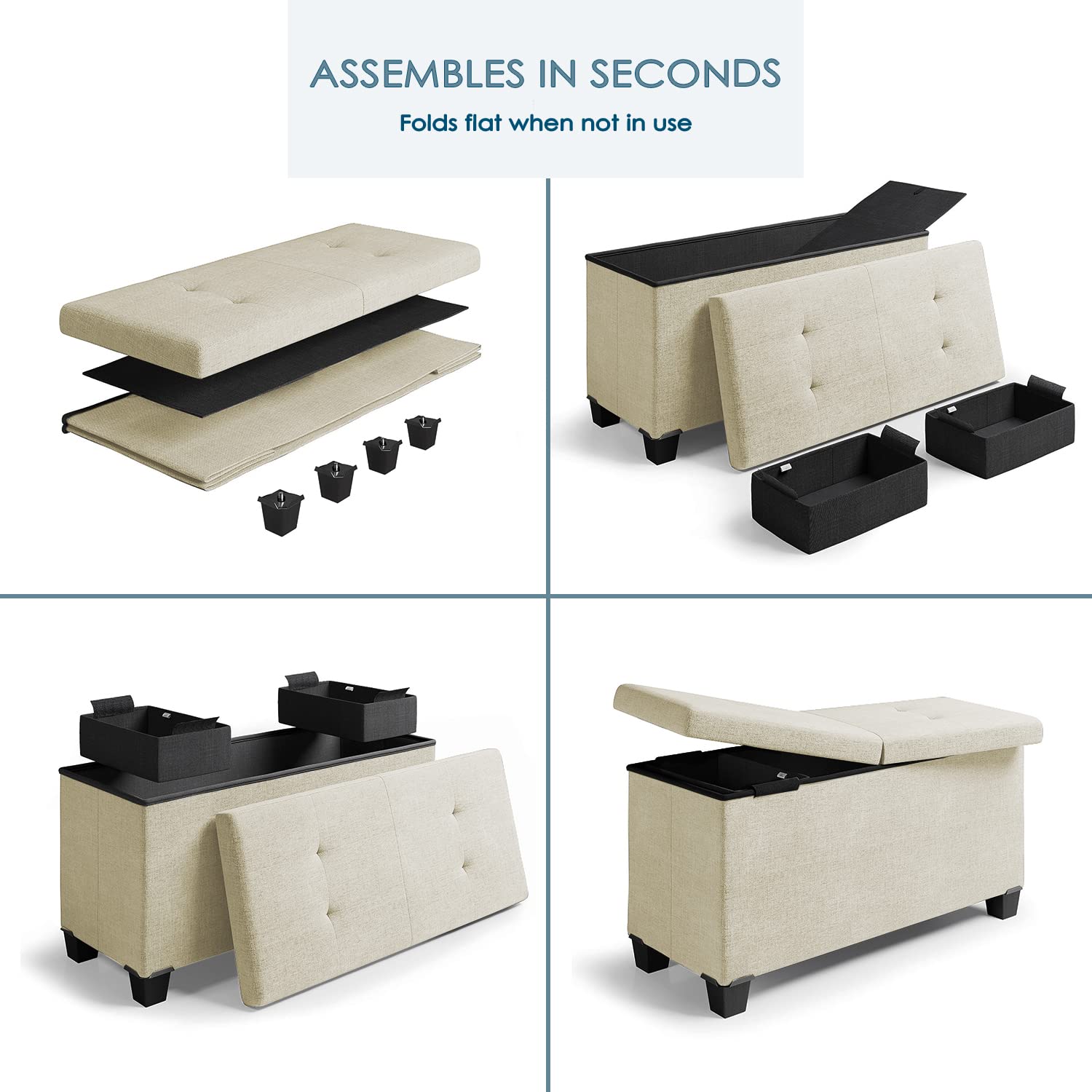 Storage Ottoman Bench with Storage Bins, 30-In Storage Bench for Bedroom End of Bed, Folding Foot Rest Ottoman with Storage for Living Room, Storage Chest Max 660lbs, Linen Fabric Beige Ottoman