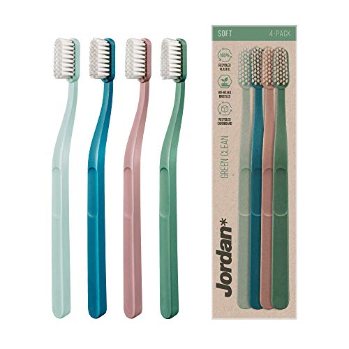 Jordan* Ā® | Green Clean Manual Toothbrush | Award Winning Sustainable Toothbrush Made from Recycled Materials | Eco-Friendly | Scandinavian Design | Soft Bristle Toothbrush | Mixed Colour | 4 Units