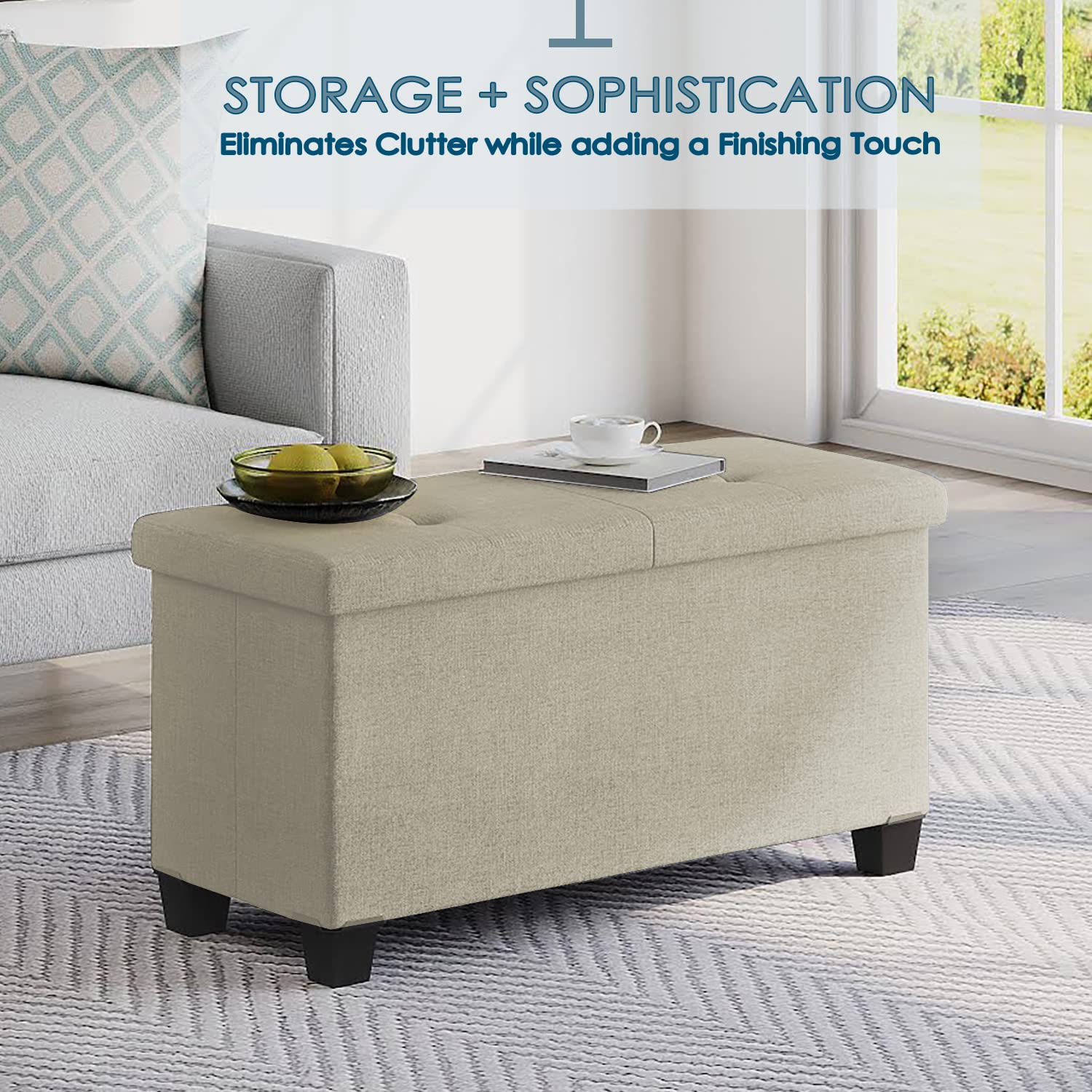 Storage Ottoman Bench with Storage Bins, 30-In Storage Bench for Bedroom End of Bed, Folding Foot Rest Ottoman with Storage for Living Room, Storage Chest Max 660lbs, Linen Fabric Beige Ottoman