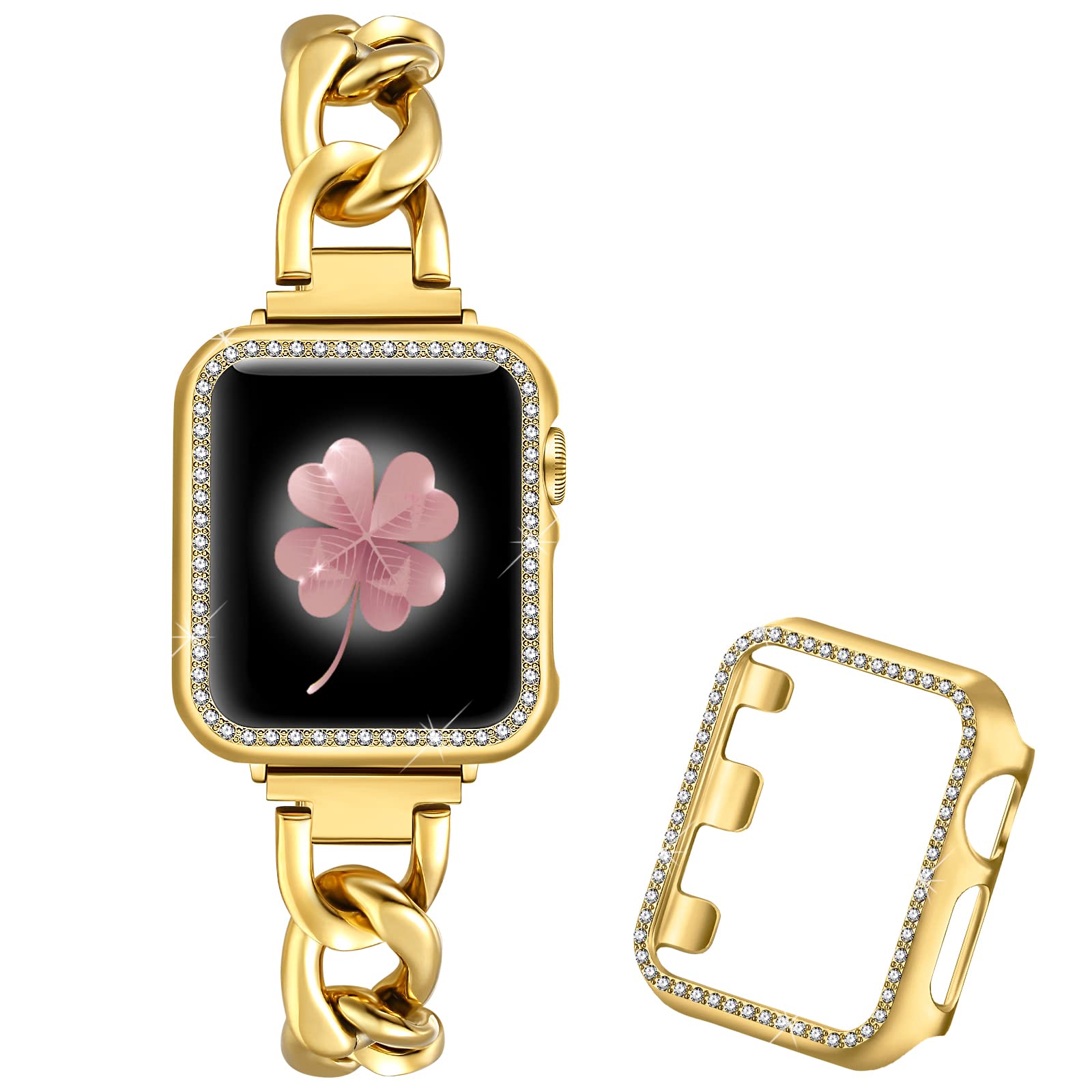 Dilando Cool Chain Metal Link Bands Compatible with Apple Watch 40mm 38mm 41mm 42mm 44mm 45mm Women Men, Gold Stainless Steel Bracelet with Bling Case for Iwatch SE Series 8 7 6 5 4 3 2 1 (Gold, 40mm)