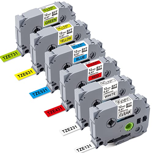 PTD210 Tape TZe131 TZe231 TZe431 TZe531 TZe631 TZe731 P Touch Label Tape 12mm 0.47 Laminated Tape Compatible P-Touch PTH110 PTH100 PTD210 PTD200 PTD400AD PTD600 Label Maker (6 Pack Combo Set)
