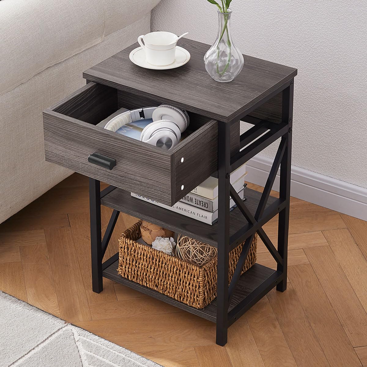 LVB Industrial Entryway Table and Nightstand Set of 2 for Home Living Room,Dark Grey