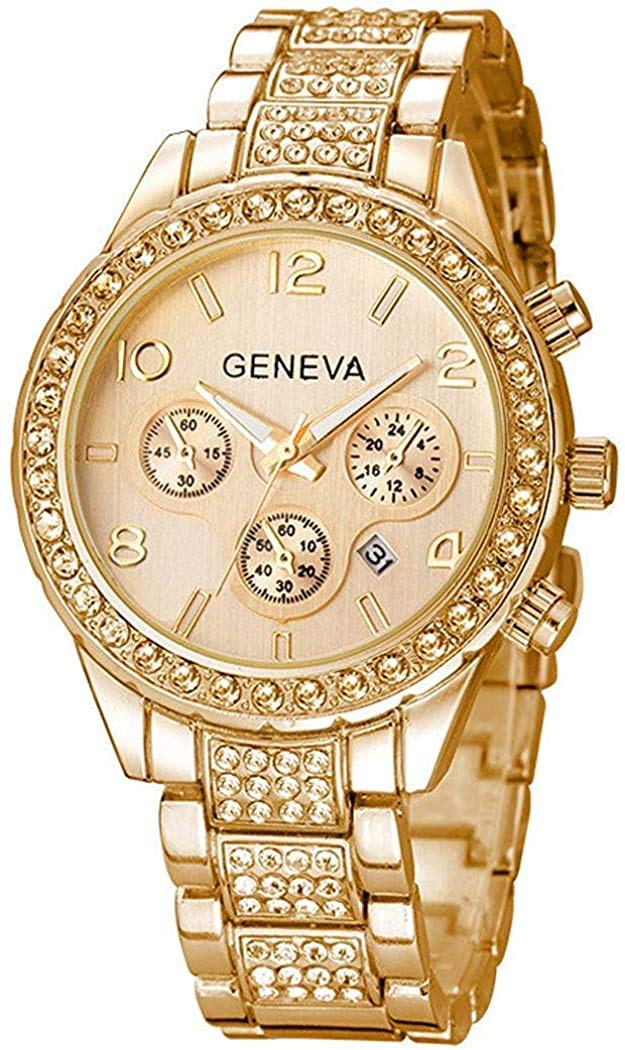 Unisex Diamond Watches Luxury Men and Women Calendar Quartz Clock Rose Gold Silver Stainless Steel Watch (Gold)