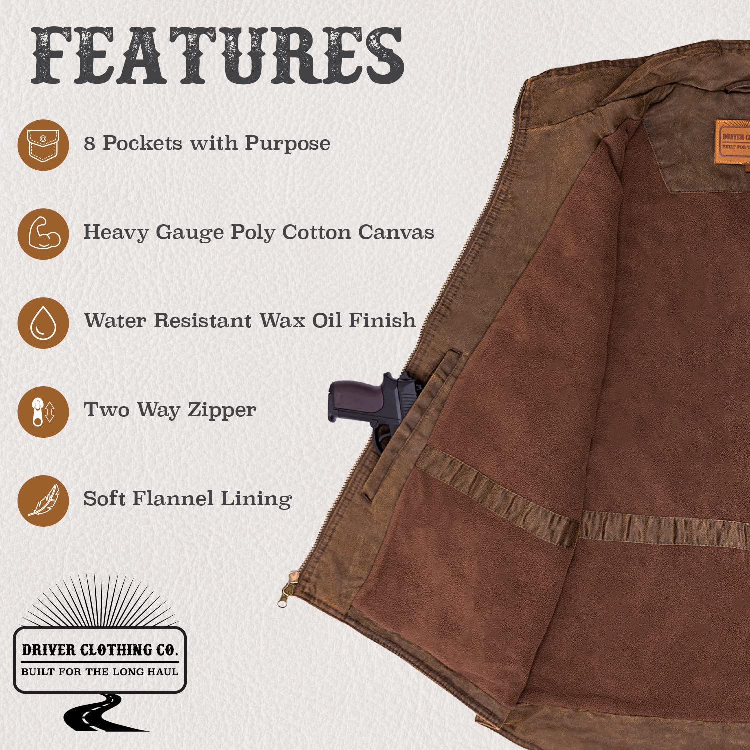 Driver Clothing Co. Men's Heavy Gauge Poly Canvas Utility Work Vest with Soft Flannel Lining and Wax Oil Weather Resistant Finish | 5 Outer Pockets and 3 Inner Pockets | Distressed Brown | XX-Large
