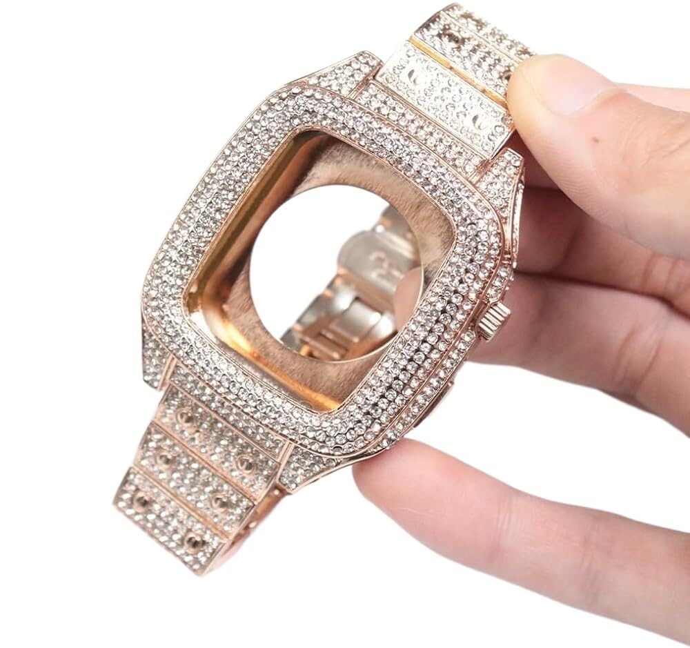 VEVEL Diamond Watch Band+Watch Case Refit Mod Kit,For Iwatch 6 5 4 SE 44mm ,Luxury Lady Diamond Modification Kit,For Apple Watch series 8 7 45mm DIY Watch Band (Color : Rose gold, Size : 45MM)