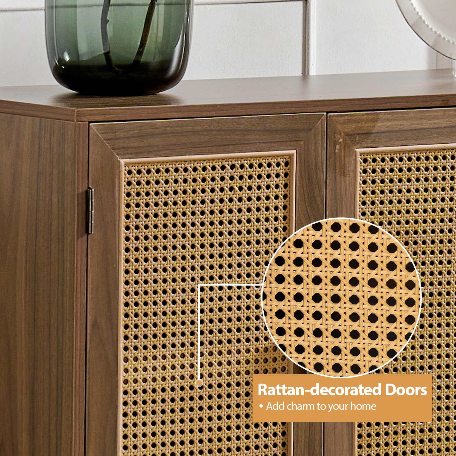HULALA HOME Accent Storage Cabinet with 3 Natural Rattan Doors & Wood Legs, 2-Tier Shelf Sideboard Buffet Cabinet, Cupboard Console Table for Living Room, Entryway, Dining Room, Hallway (Walnut)