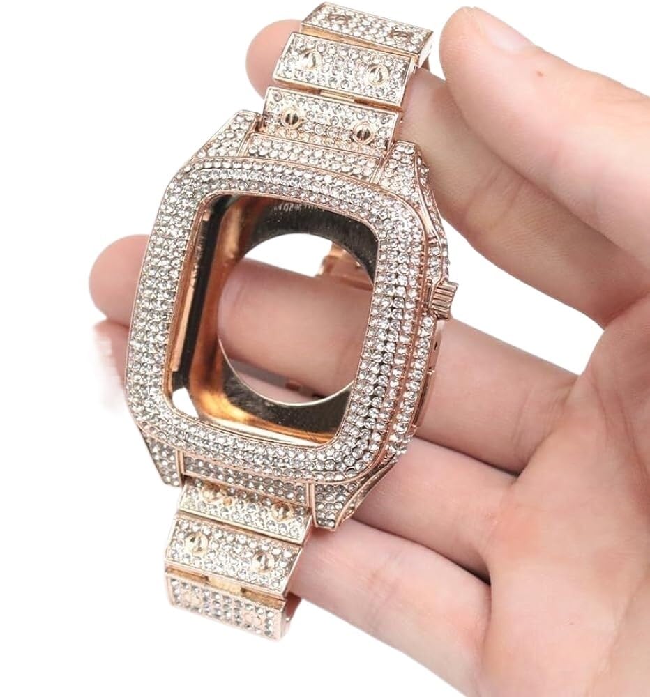 VEVEL Diamond Watch Band+Watch Case Refit Mod Kit,For Iwatch 6 5 4 SE 44mm ,Luxury Lady Diamond Modification Kit,For Apple Watch series 8 7 45mm DIY Watch Band (Color : Rose gold, Size : 45MM)