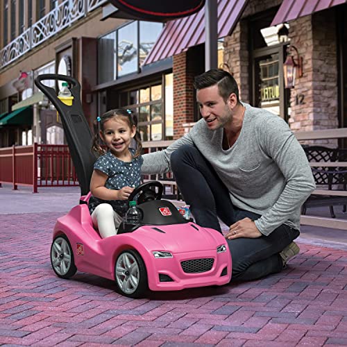 Step2 Whisper Ride Toddler Push Car, Pink β Ride On Toy with Included Seat Belt, Easy Storage and Transport, Steering Wheel for Pretend Play β Push Toy Car Makes a Great Stroller Alternative