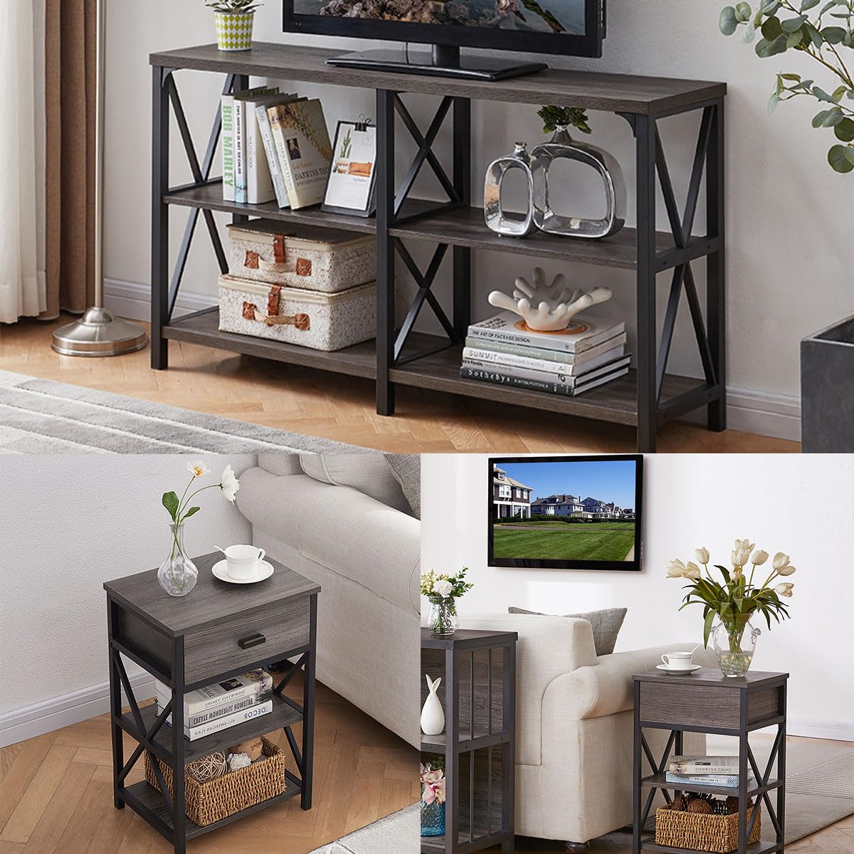 LVB Industrial Entryway Table and Nightstand Set of 2 for Home Living Room,Dark Grey