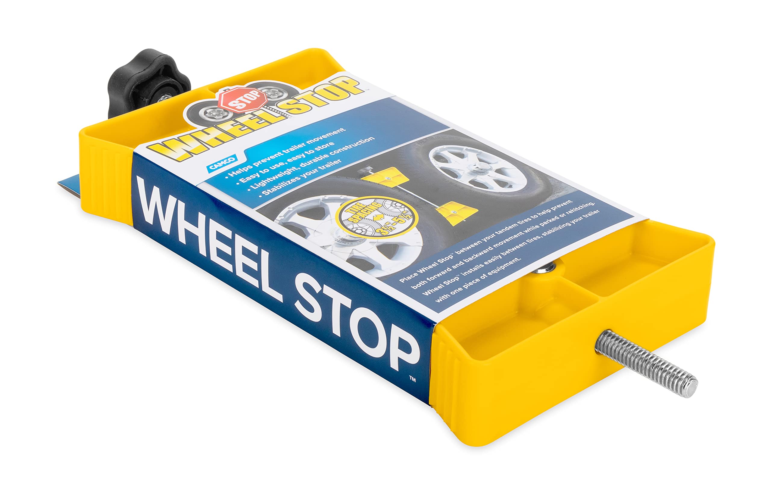 Camco Large RV Wheel Stop | Fits 26 to 30-inch Diameter Tires and Tire Spacing from 3 ½ to 5 ½-inches | Yellow (44622)