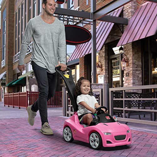 Step2 Whisper Ride Toddler Push Car, Pink β Ride On Toy with Included Seat Belt, Easy Storage and Transport, Steering Wheel for Pretend Play β Push Toy Car Makes a Great Stroller Alternative