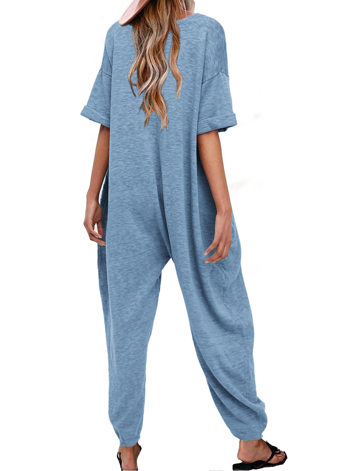 Nirovien Women's Solid Color V Neck Jumpsuits Casual Half Sleeve Long Rompers Beam Foot Baggy Overalls(Blue,2XL)